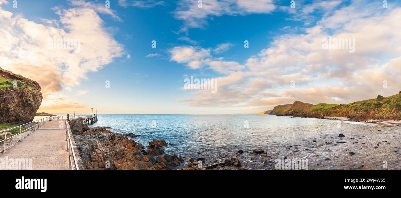 Panoramic view of Second Valley beach with jetty at sunset, Fleurieu ...