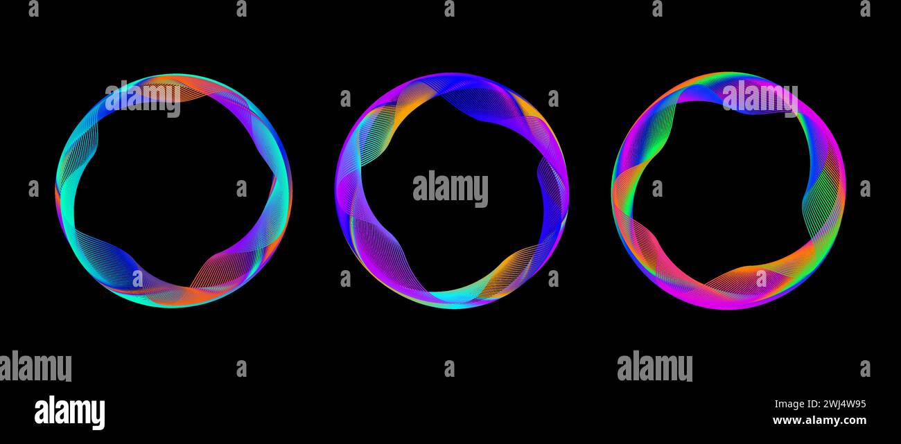 Neon iridescent blend circle line set. Shimmering glowing round tech ...