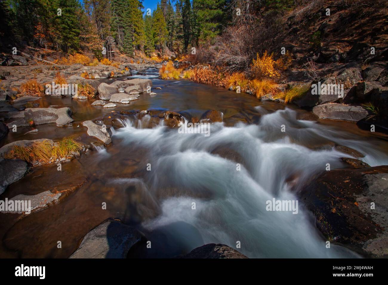 Mountain Shasta and Waterfalls in Autumn Stock Photo - Alamy
