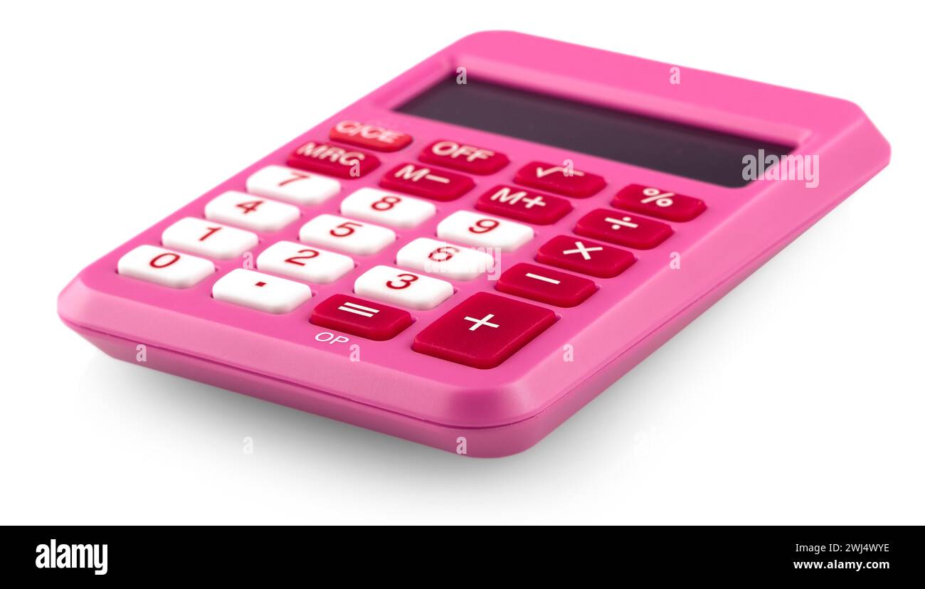 The Close up button calculator , pink calculator isolated on white ...
