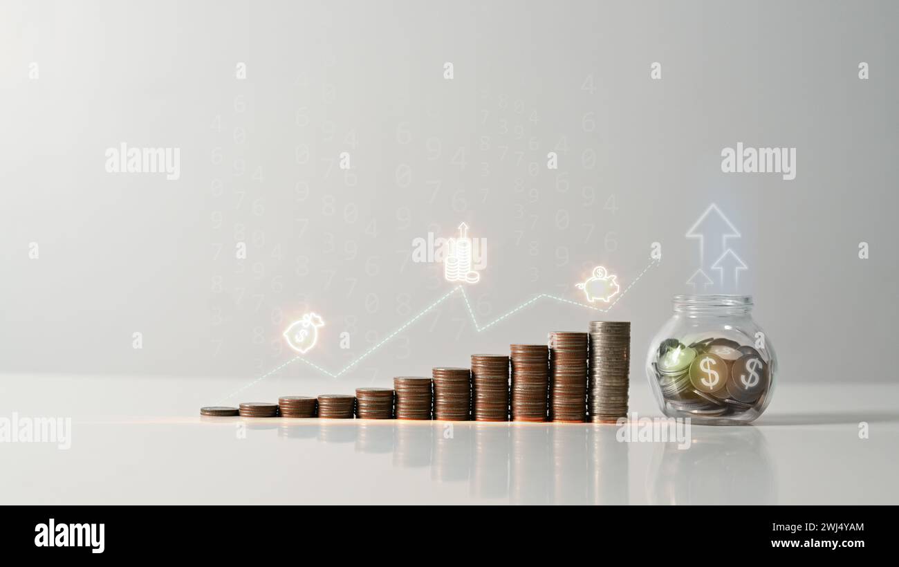 Stack of coins with virtual increasing graph. Financial investment and ...