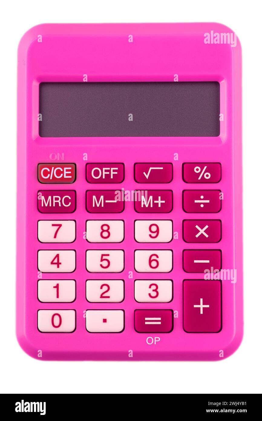 The pink digital calculator on the top view white background Stock ...