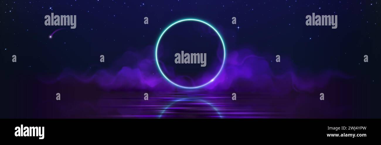 Circle frame with blue neon light glow and purple smoke under calm ...
