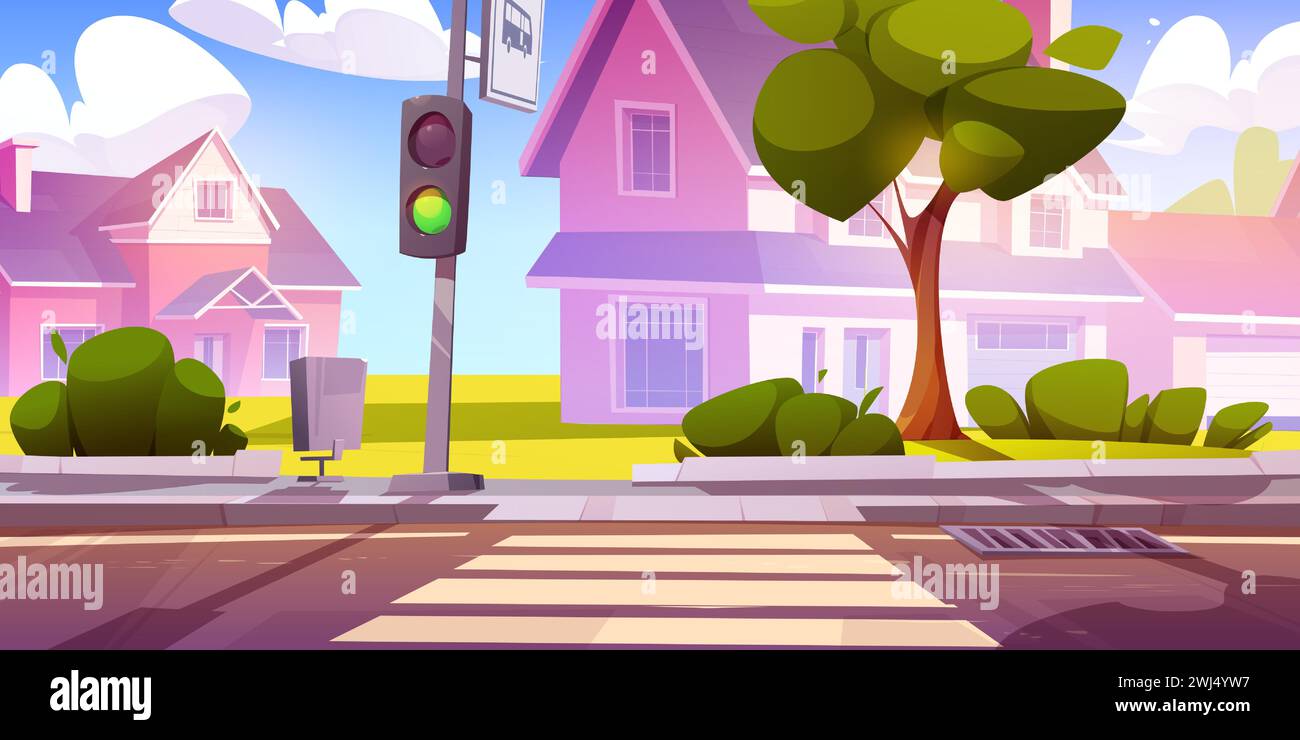 Suburban landscape with sidewalk, cross zebra on road, traffic light ...