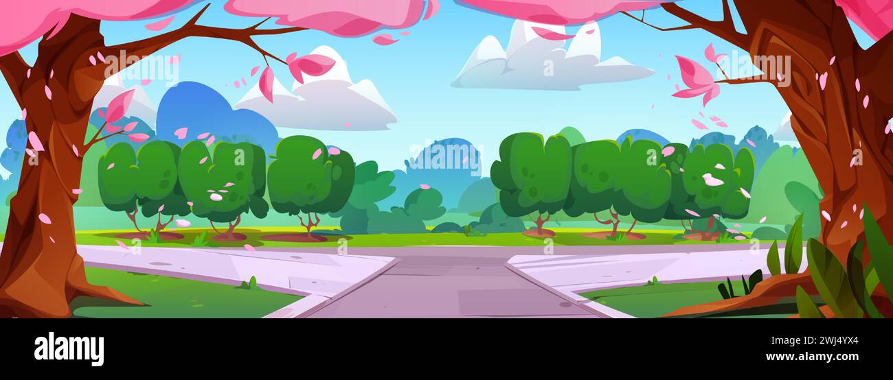 City public park with pathway, pink flowering trees and green grass ...