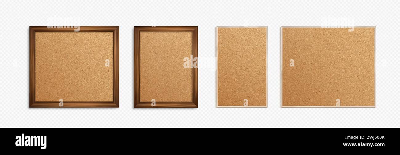 Realistic pin board with cork texture surface and wooden frame. Empty ...
