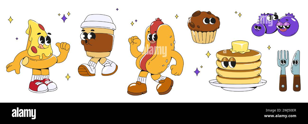Food groovy cartoon character set with cute smiley faces. Fast food and ...