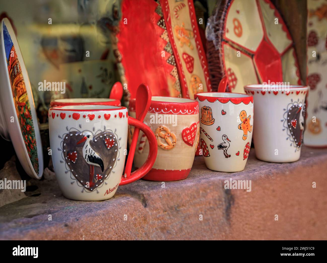 Riquewihr, France - June 2 2023: Ceramic mugs with traditional Alsatian ...