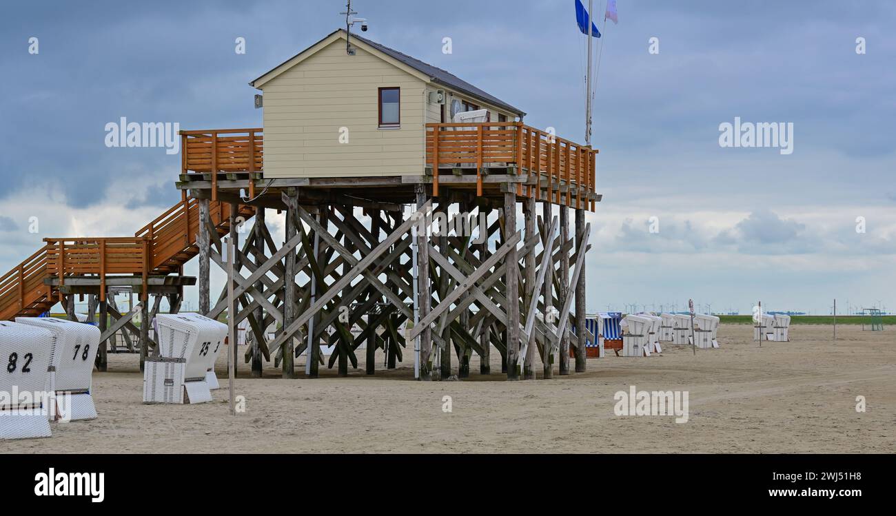 Stilt houses the wooden huts on stilts on the North Sea in Sankt Peter ...