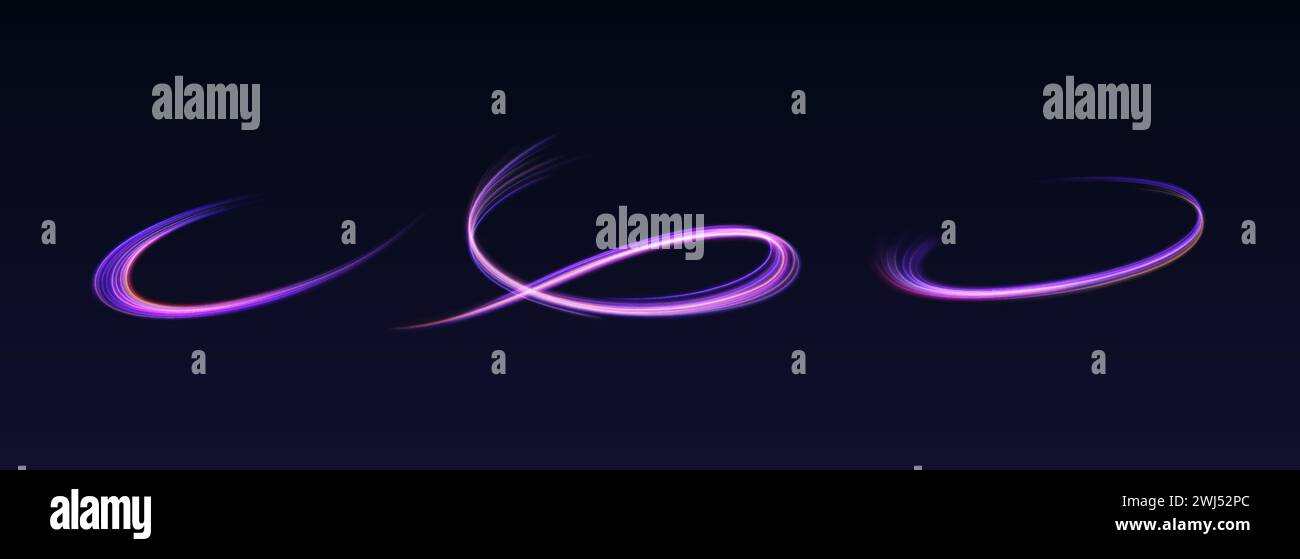 Curved glowing light lines realistic vector illustration set. Sparkling ...