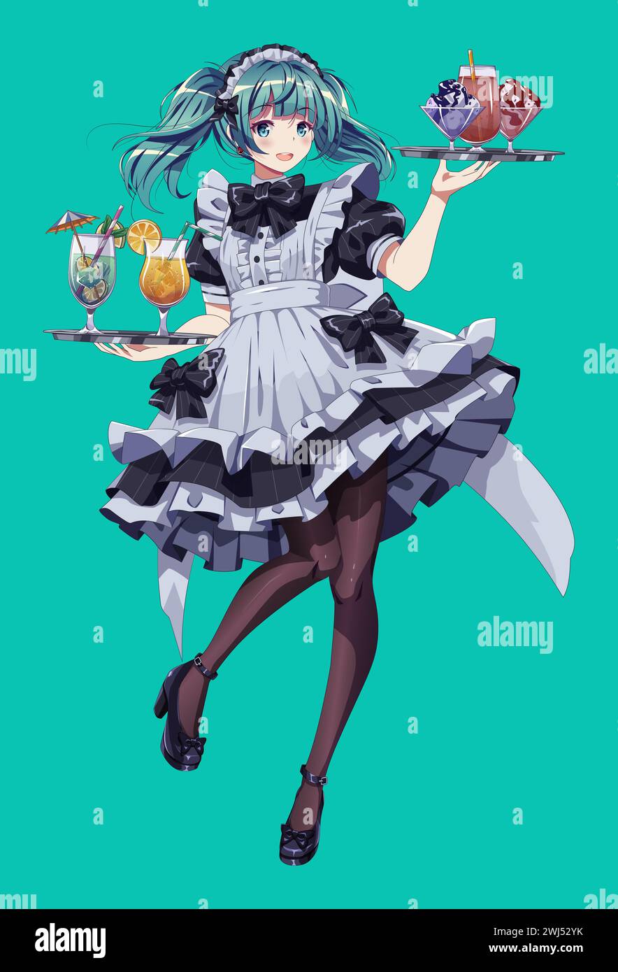 Pretty girl in maid cafe dress with trays color vector character. Anime ...