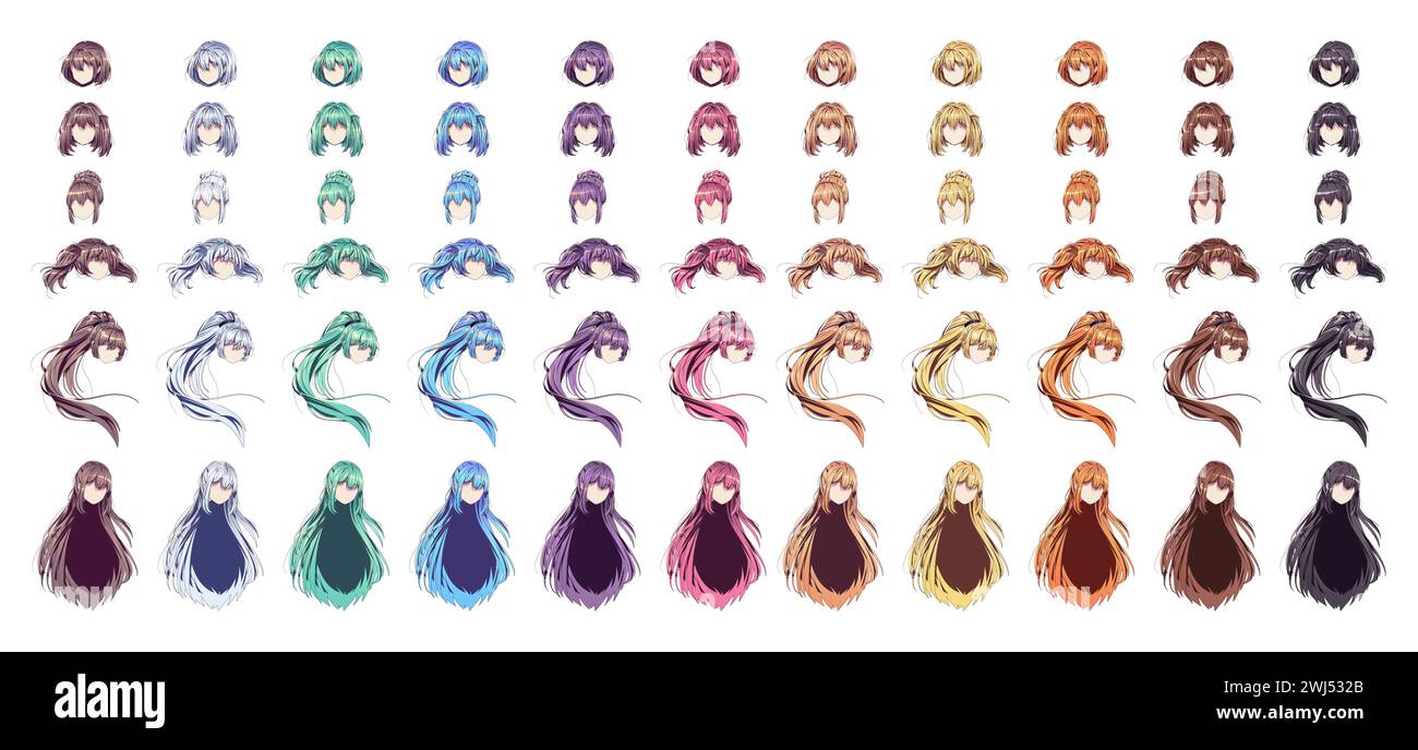 Anime character hairstyles color vector illustration set. Japanese ...