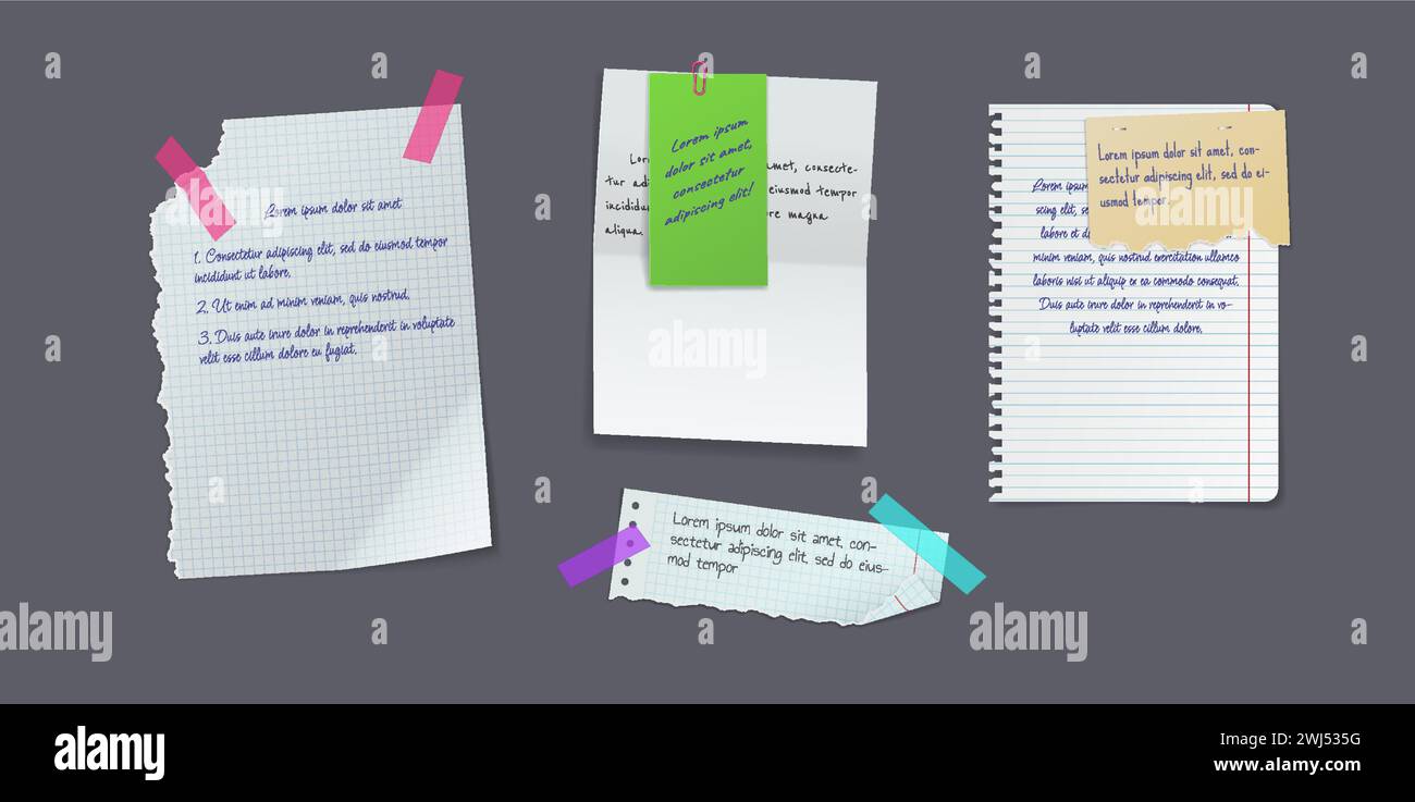 Pages with info notices realistic vector illustration set. Messages ...