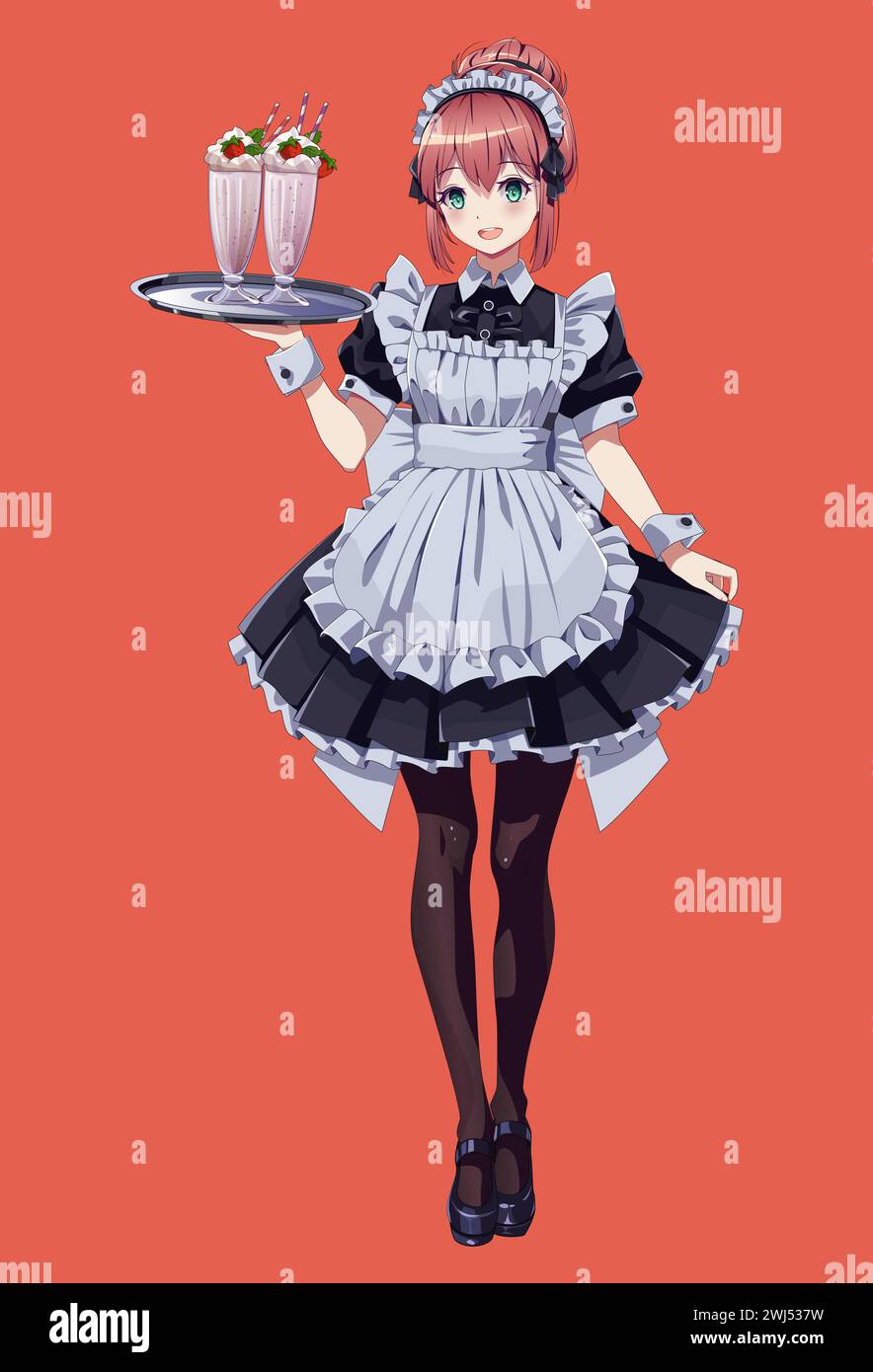 Cute girl works in maid cafe carrying tray color vector character ...
