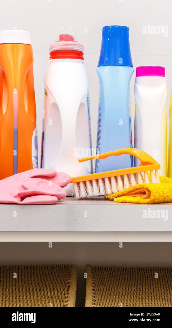 Cleaning items on the table in laundry room Stock Photo - Alamy