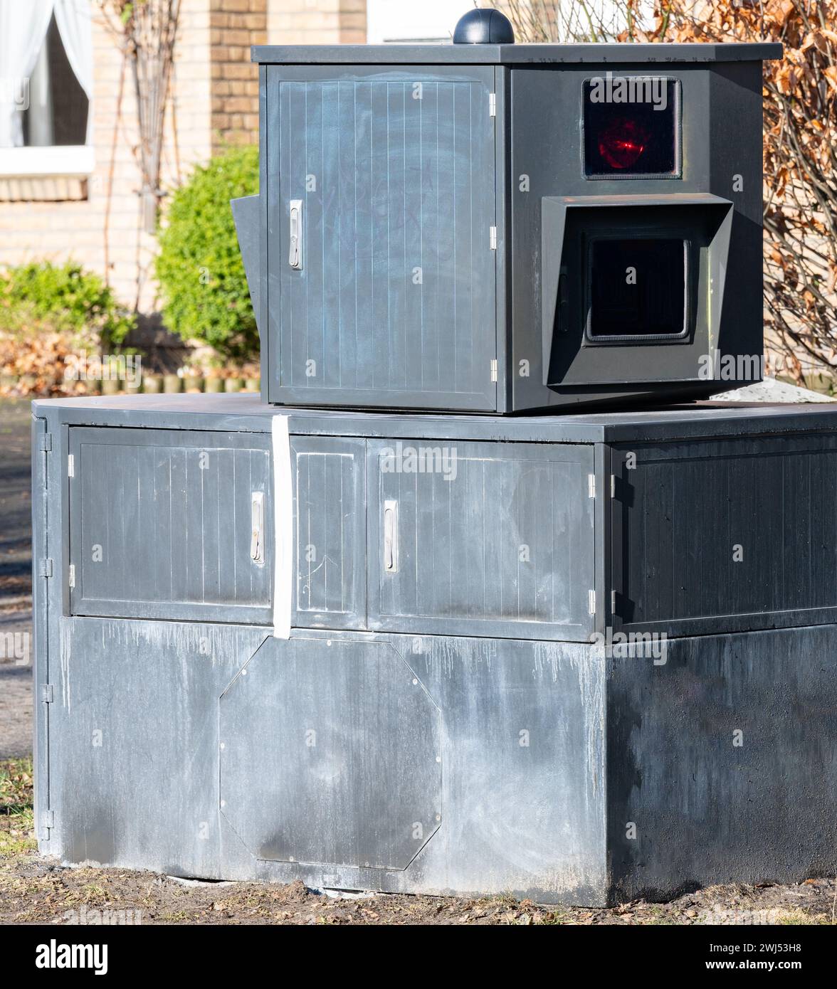 Mobile flash trailer on a road for speed monitoring Stock Photo - Alamy