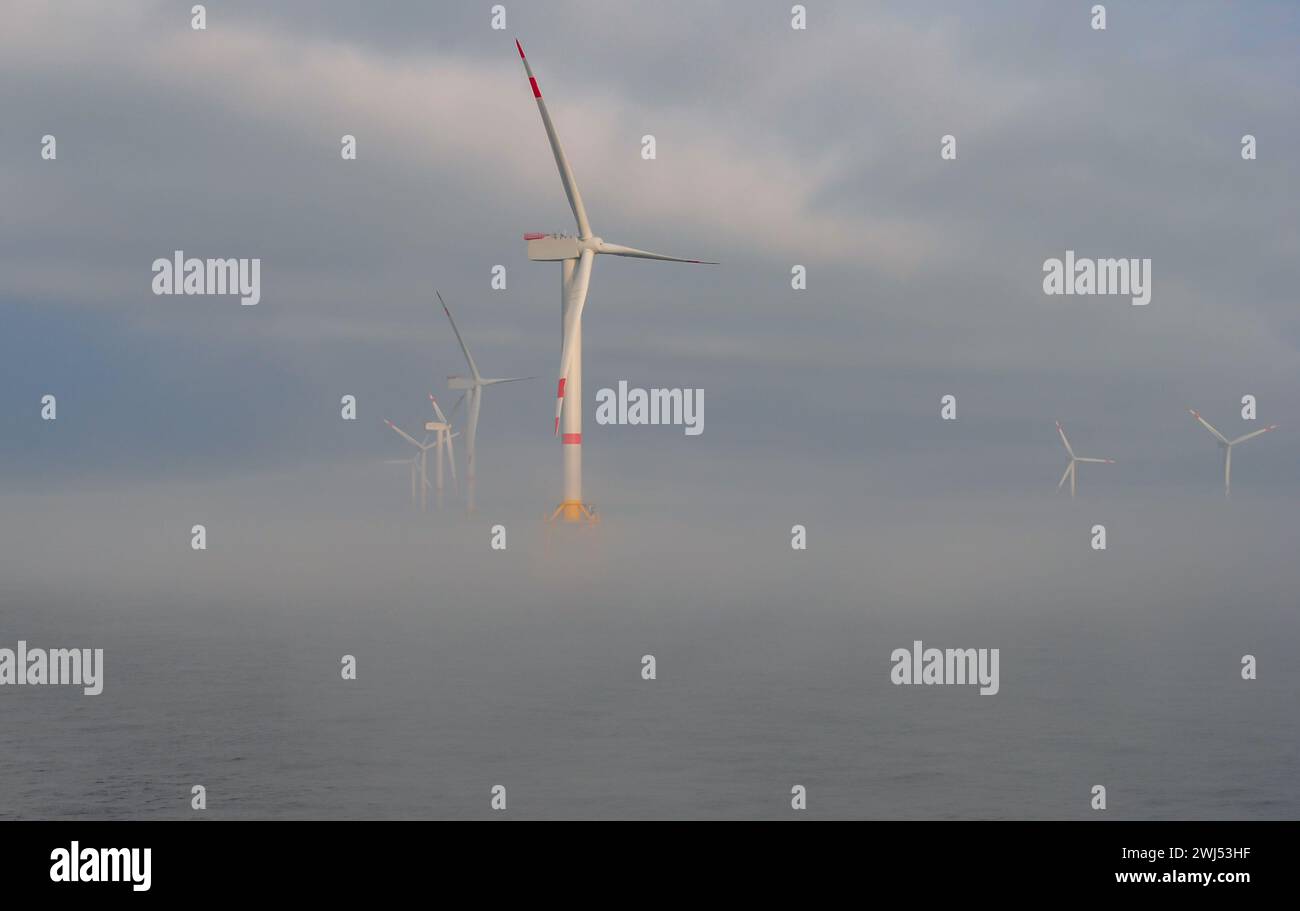 Wind farm offshore energy wind turbine construction on the North Sea ...