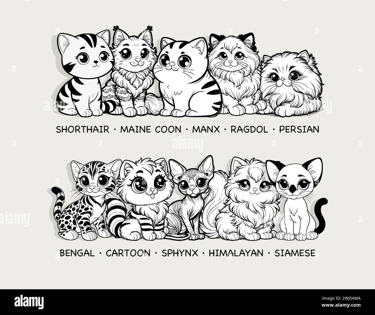 Adorable cartoon cat breeds collection in black and white for coloring ...