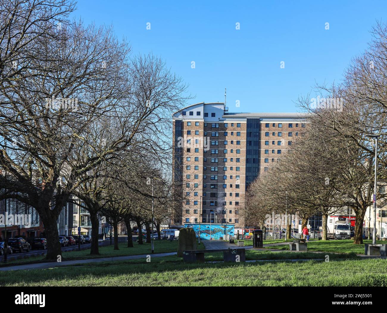 Marlborough House, high rise housing in Devonport Plymouth. Seen over ...