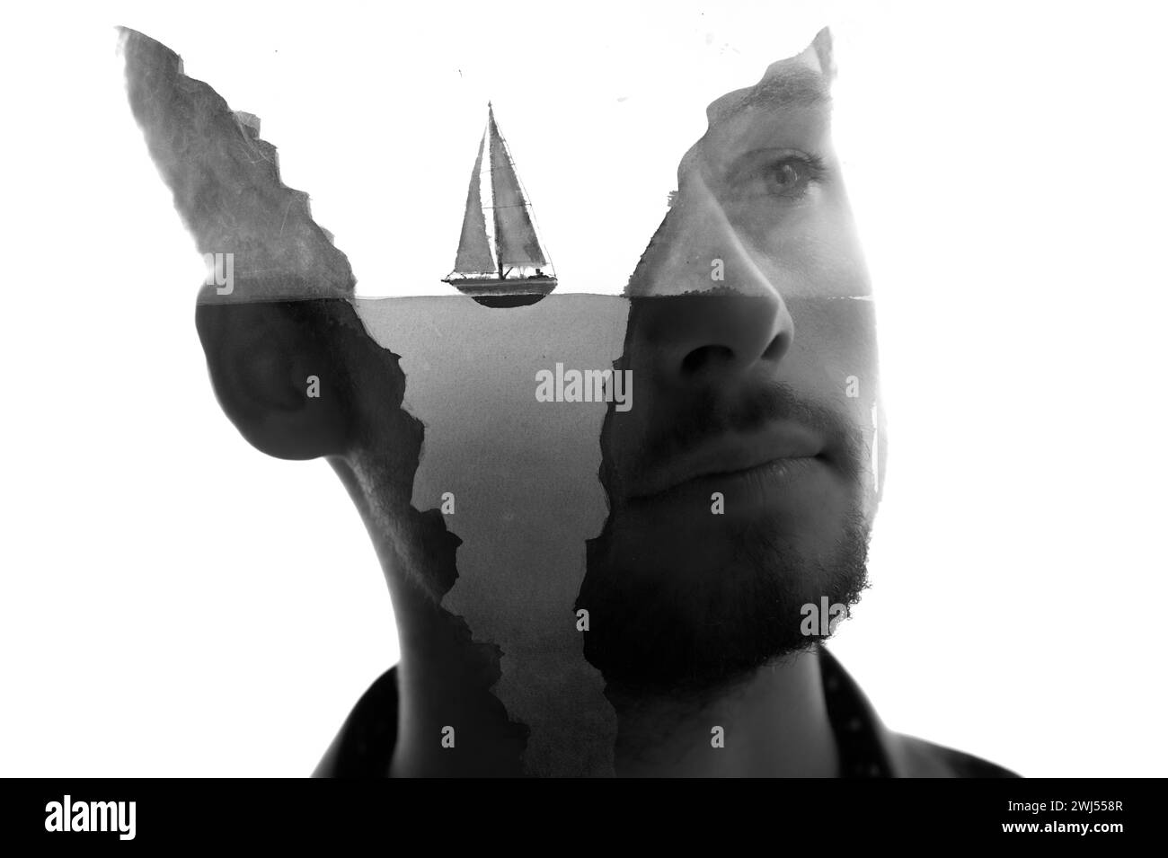 A double exposure paintography portrait of a man with a divided-face ...