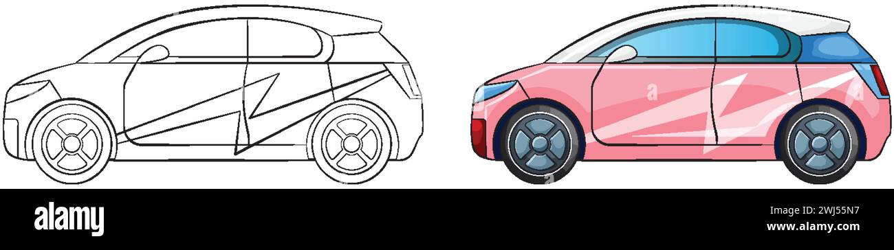 Vector illustration of a car, from outline to colored design Stock ...
