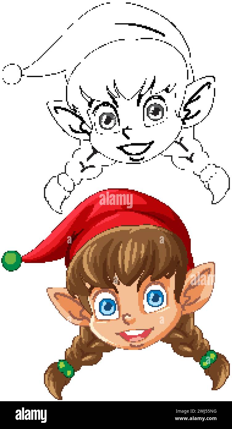 Colorful and line art illustrations of Christmas elves Stock Vector ...