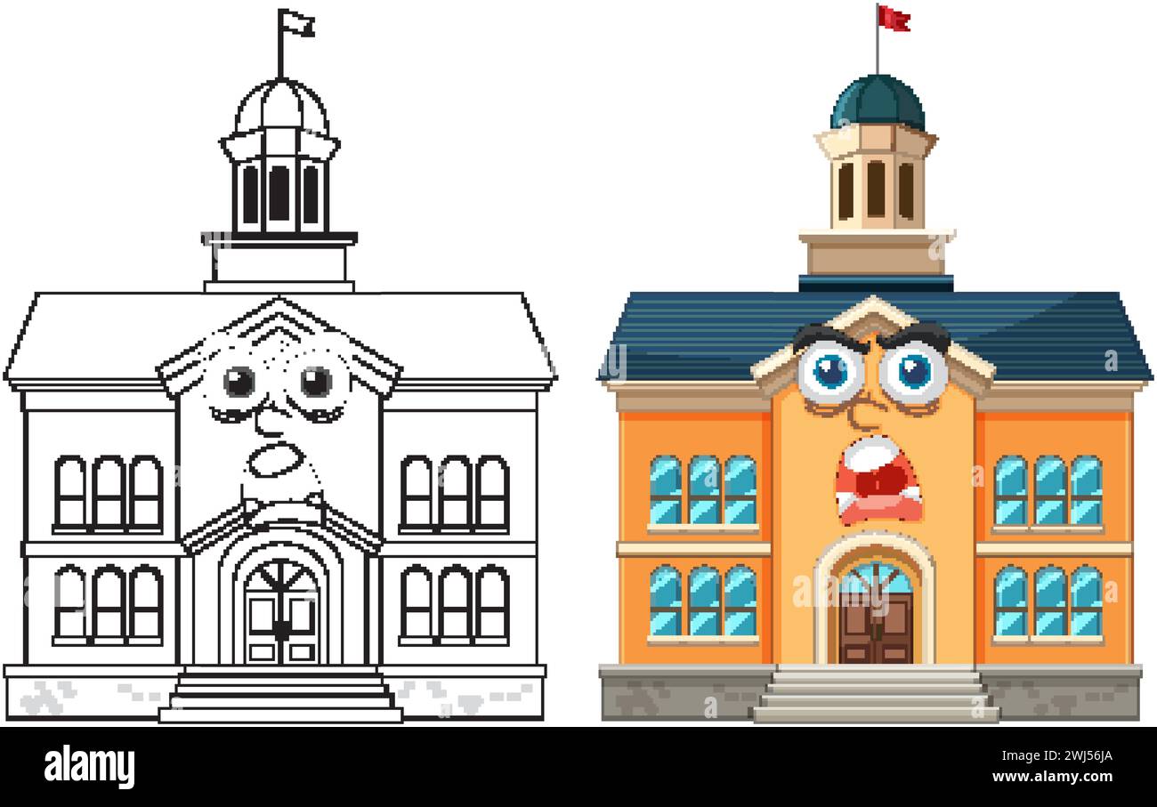 Two cartoon buildings with human-like facial features Stock Vector ...