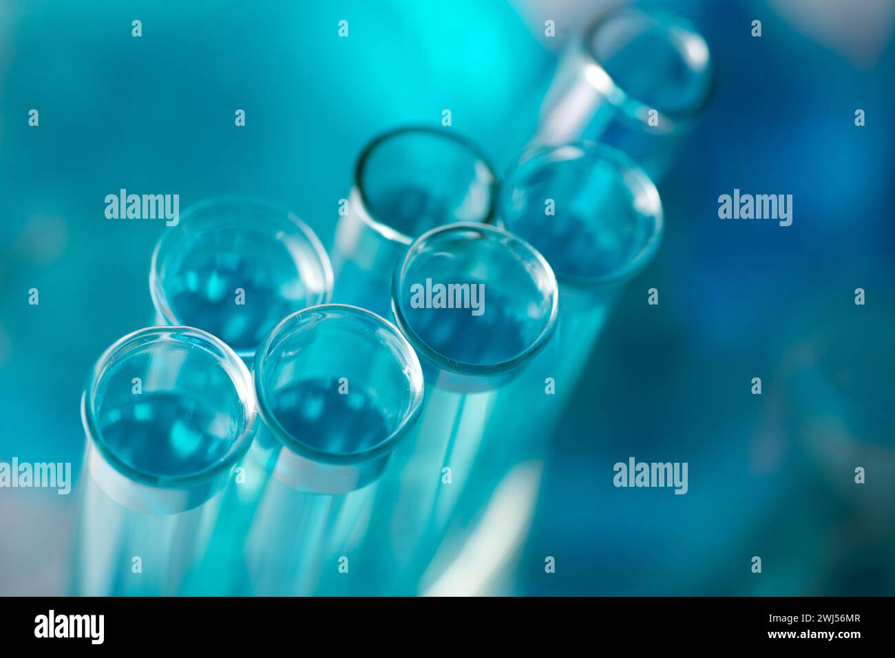 Chemical test tubes close-up with blue liquid. Medicine ...