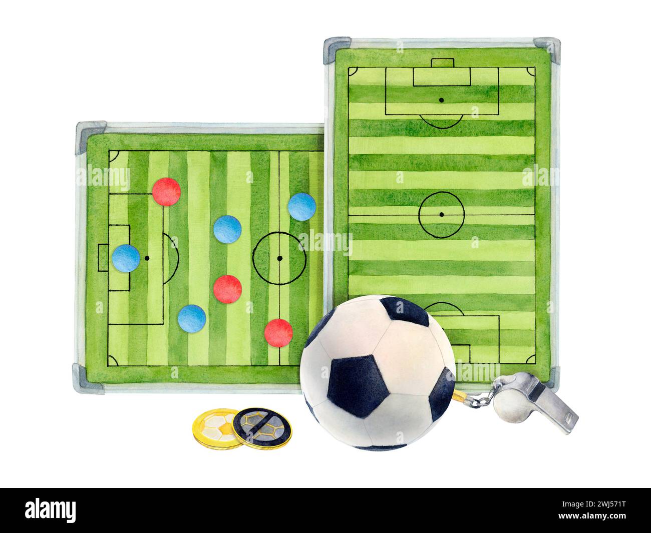 Soccer football field pitch watercolor drawing. Green line pentagon ...