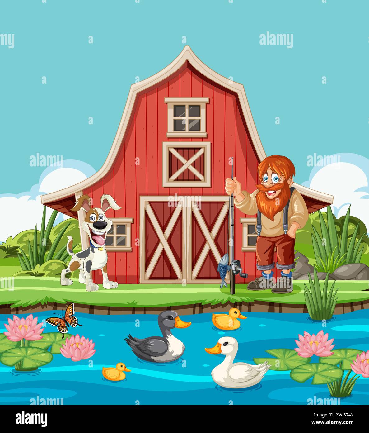 Cartoon of a farmer with animals by a barn Stock Vector Image & Art - Alamy