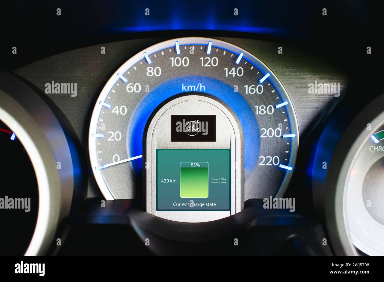 Battery charging level display on instrument panel of EV electric car ...