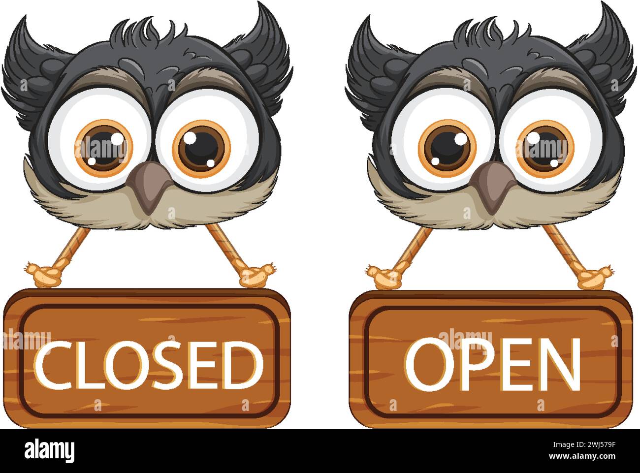 Cute owls with signs showing 'Closed' and 'Open' Stock Vector Image ...