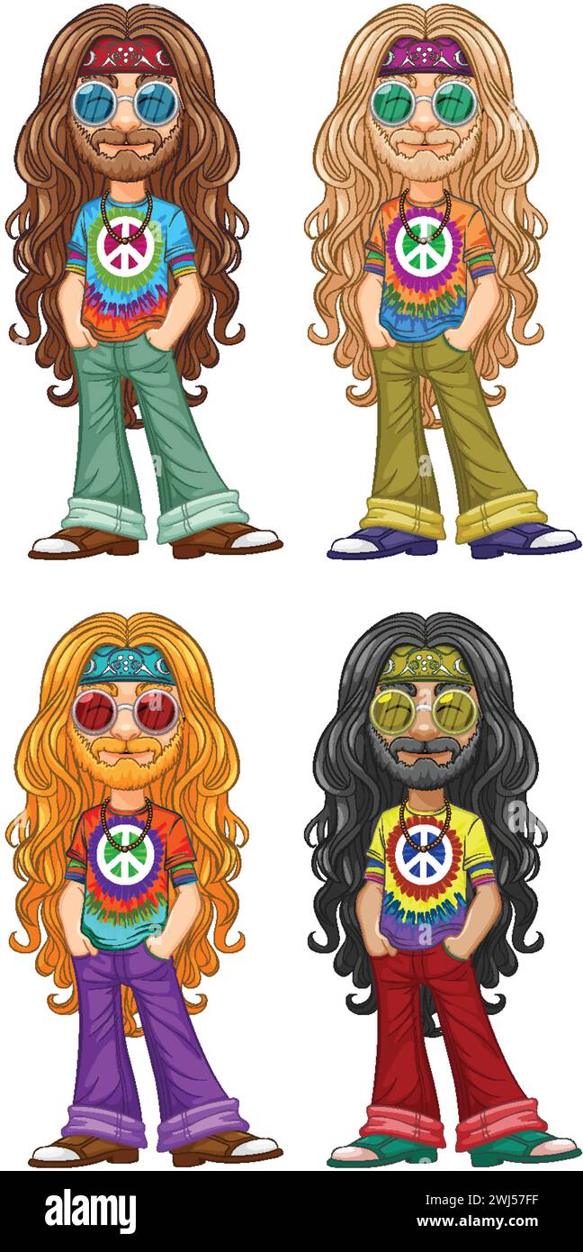 Four variations of a hippie character in colorful attire Stock Vector ...