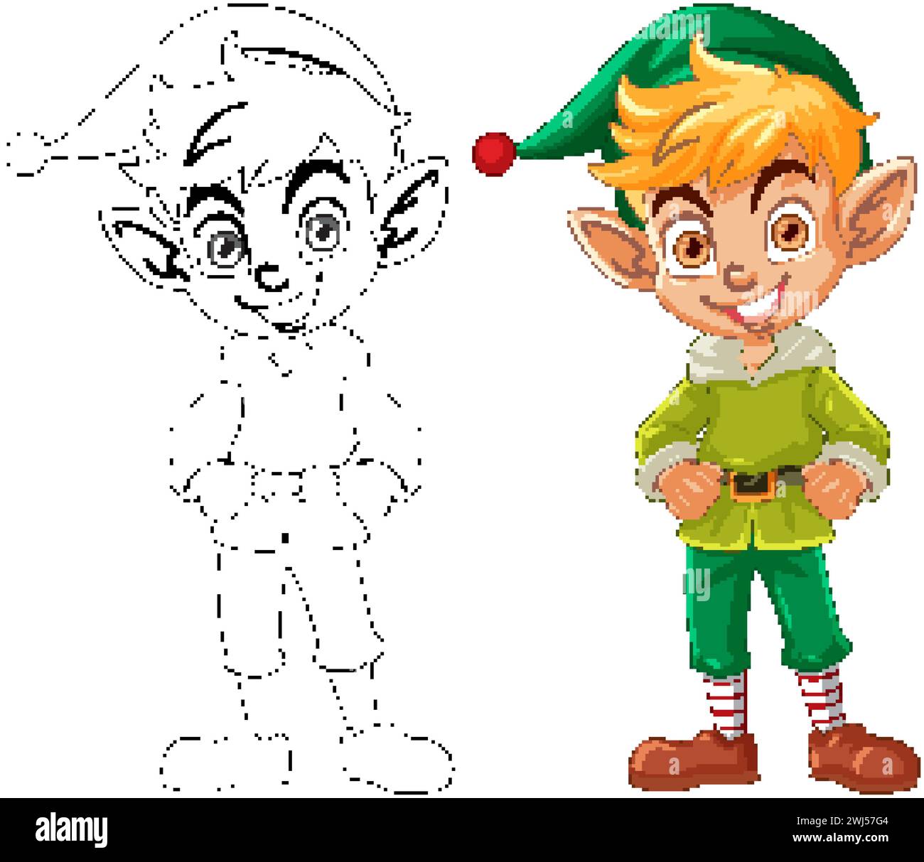 Line art and colored illustration of a Christmas elf Stock Vector Image ...