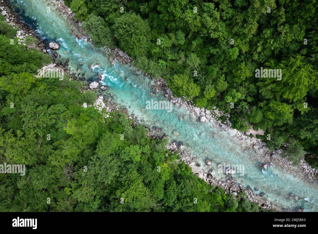 Soca river in Soca valley, Slovenia. Aerial drone view Stock Photo - Alamy