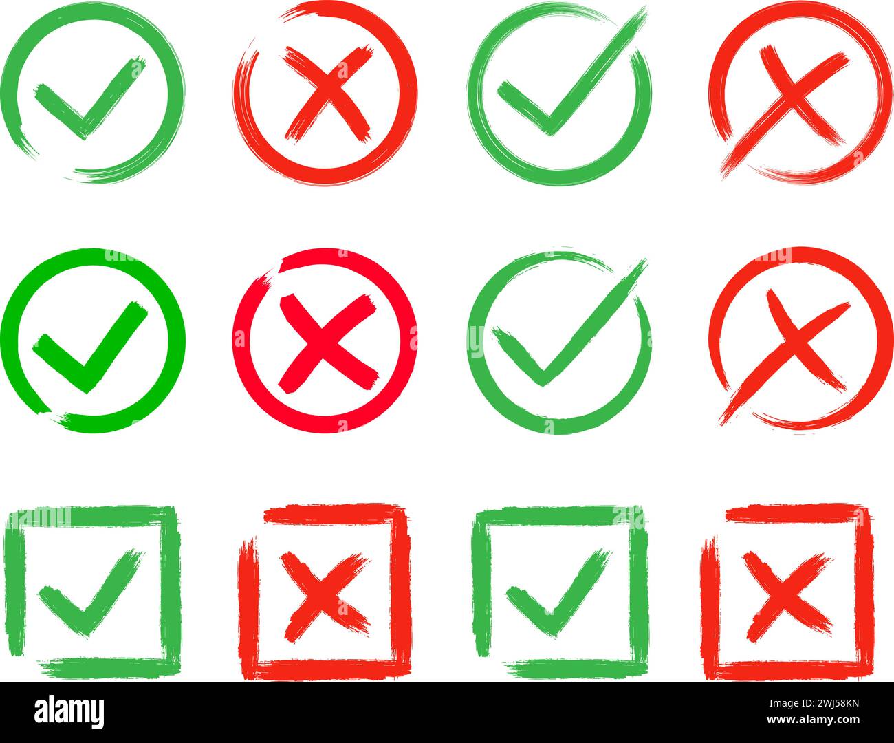 Dirty grunge cross x and tick OK check marks set in check boxes, hand ...