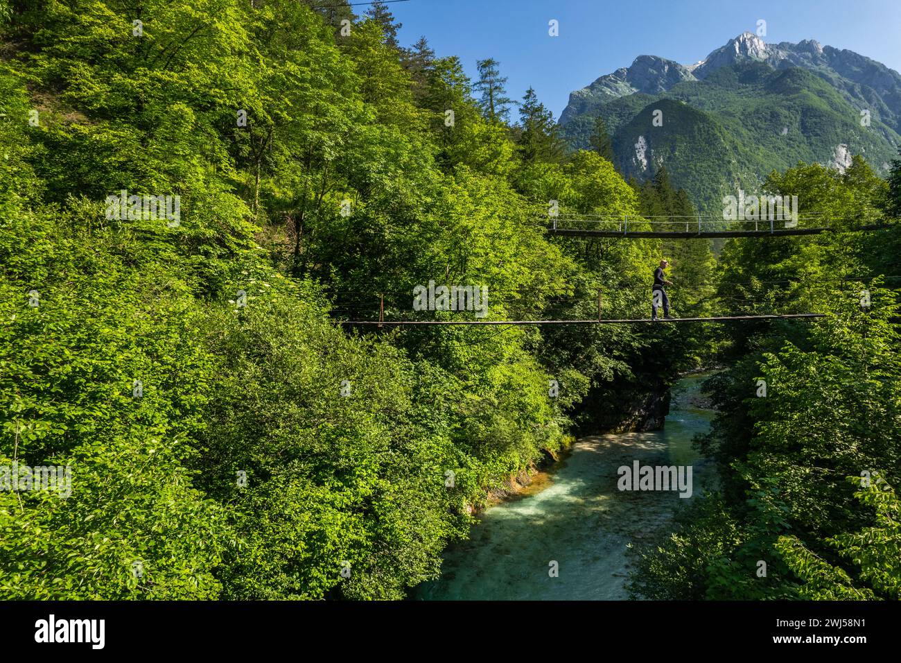 Active young man walking over suspension bridge in mountains Stock ...