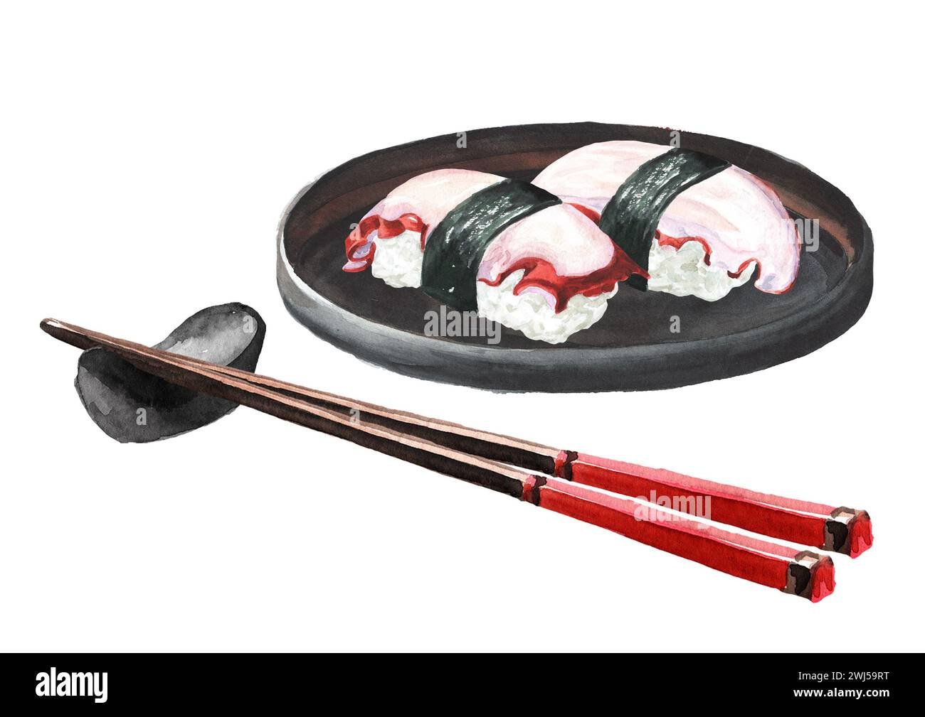 Nigiri Sushi with octopus. Hand drawn watercolor illustration, isolated ...