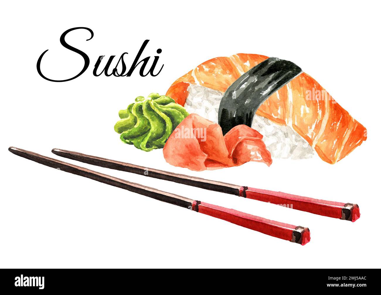 Nigiri Sushi with Salmon. Hand drawn watercolor illustration isolated ...