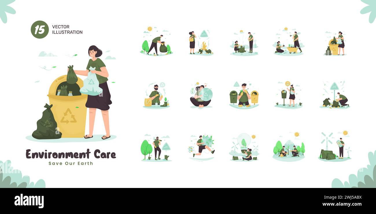 Go green campaign environment care vector illustration set Stock Vector ...