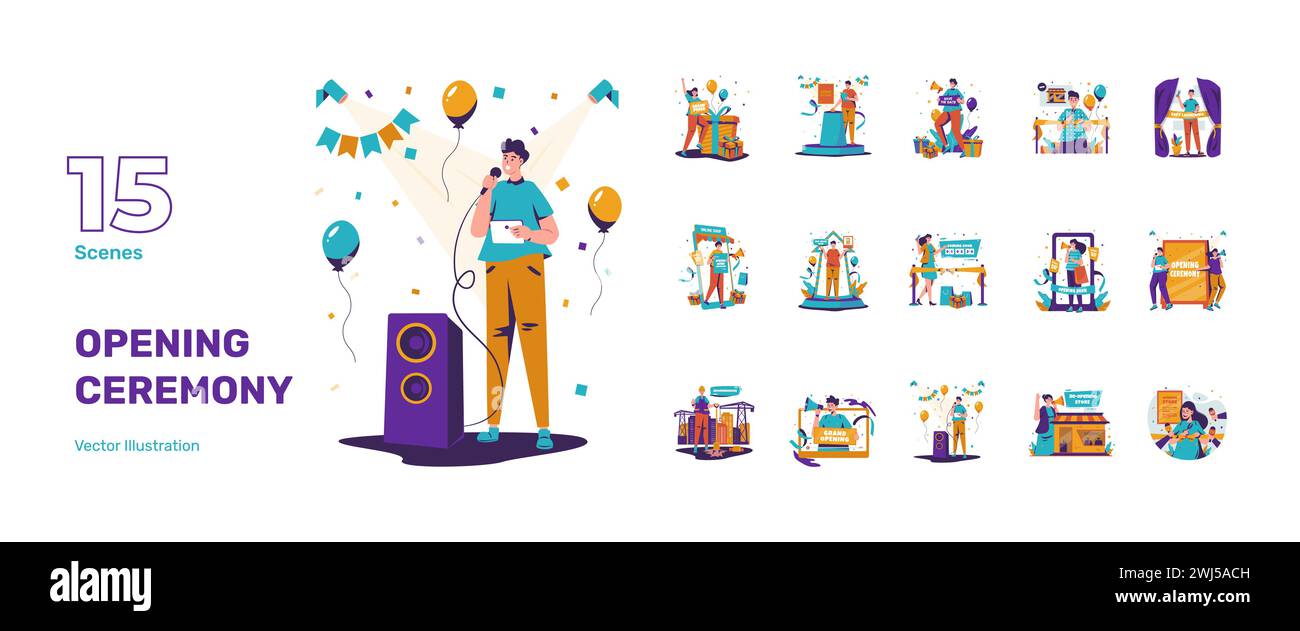 Business marketing opening ceremony vector illustration set Stock ...