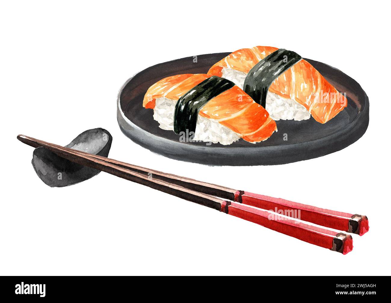 Nigiri Sushi with Salmon. Hand drawn watercolor illustration, isolated ...