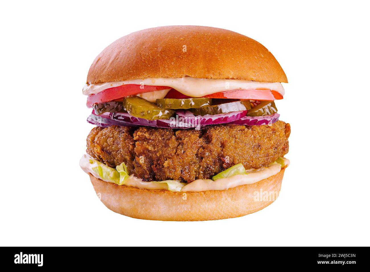 Cheeseburger with beef patty, pickles, cheese, tomato, onion, lettuce ...