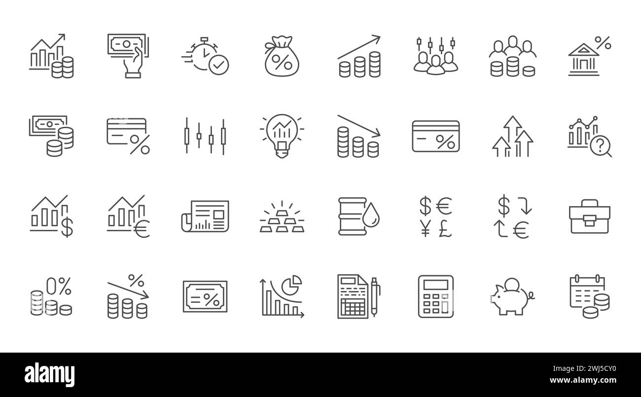 Investment line icon set. Quick approval, bank loan, percentage, trader ...