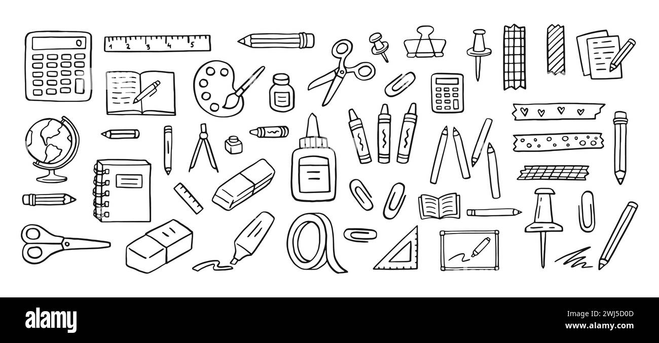 Stationery doodle icon set. Art education line hand drawn elements ...