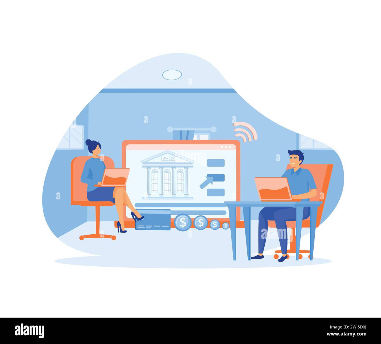 Tiny people with laptop and financial digital transformation. Online ...