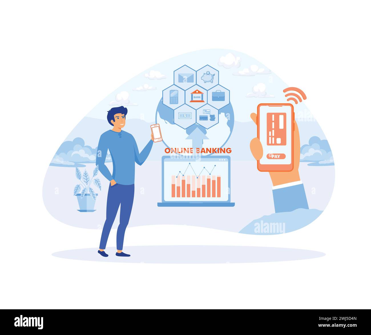 Internet banking concept. Hands man holding phones with different type of payment. flat vector ...