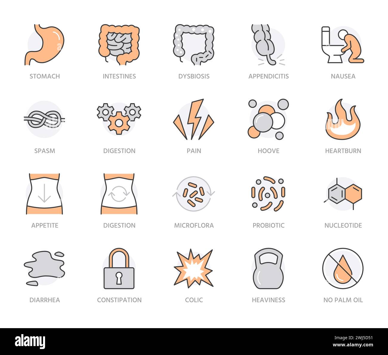 Symptoms of abdominal disease flat line icons set. Stomach pain, appendicitis, heartburn, spasm ...