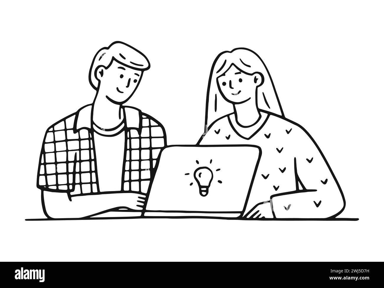 Students doing group project on laptop, education doodle vector ...