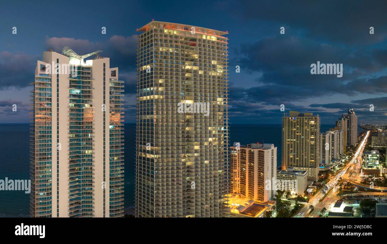 Aerial view of downtown district in Sunny Isles Beach city in Florida ...
